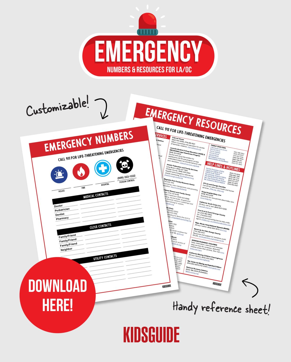Free Printable: Emergency Resources for LA & OC - Kidsguide